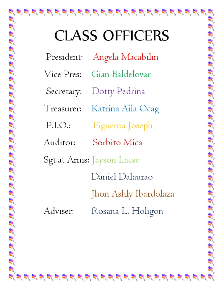 Class Officers List and Roles | PDF | Lifestyle