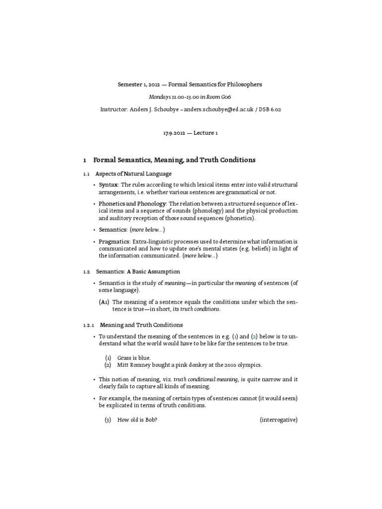 1 Formal Semantics, Meaning, and Truth Conditions | PDF | Function ...