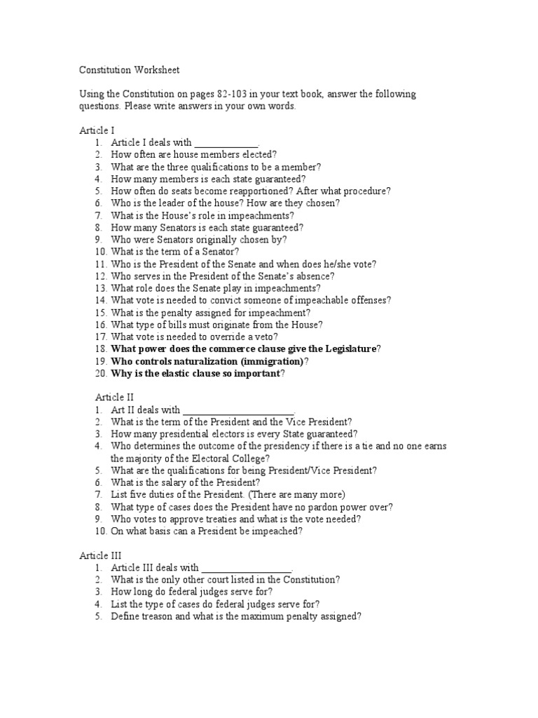 Constitution Worksheet | PDF | Article One Of The United States ...