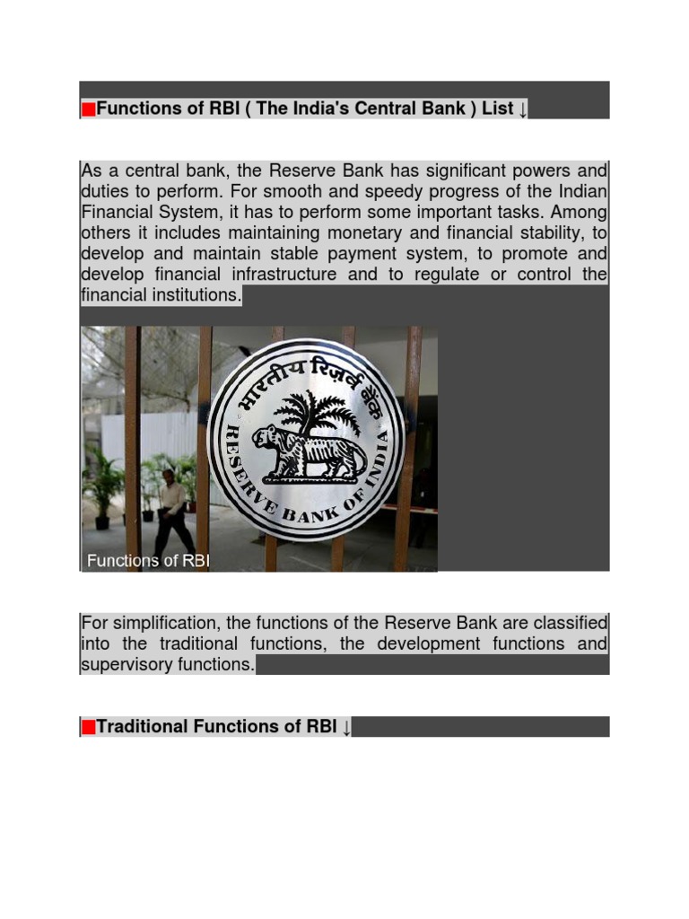 Functions of RBI | PDF | Reserve Bank Of India | Foreign Exchange Reserves