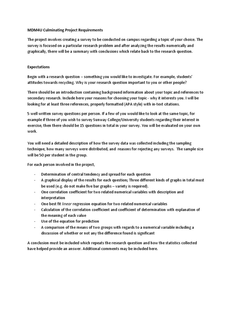 MDM4U Culminating Project Requirements | PDF | Survey Methodology ...