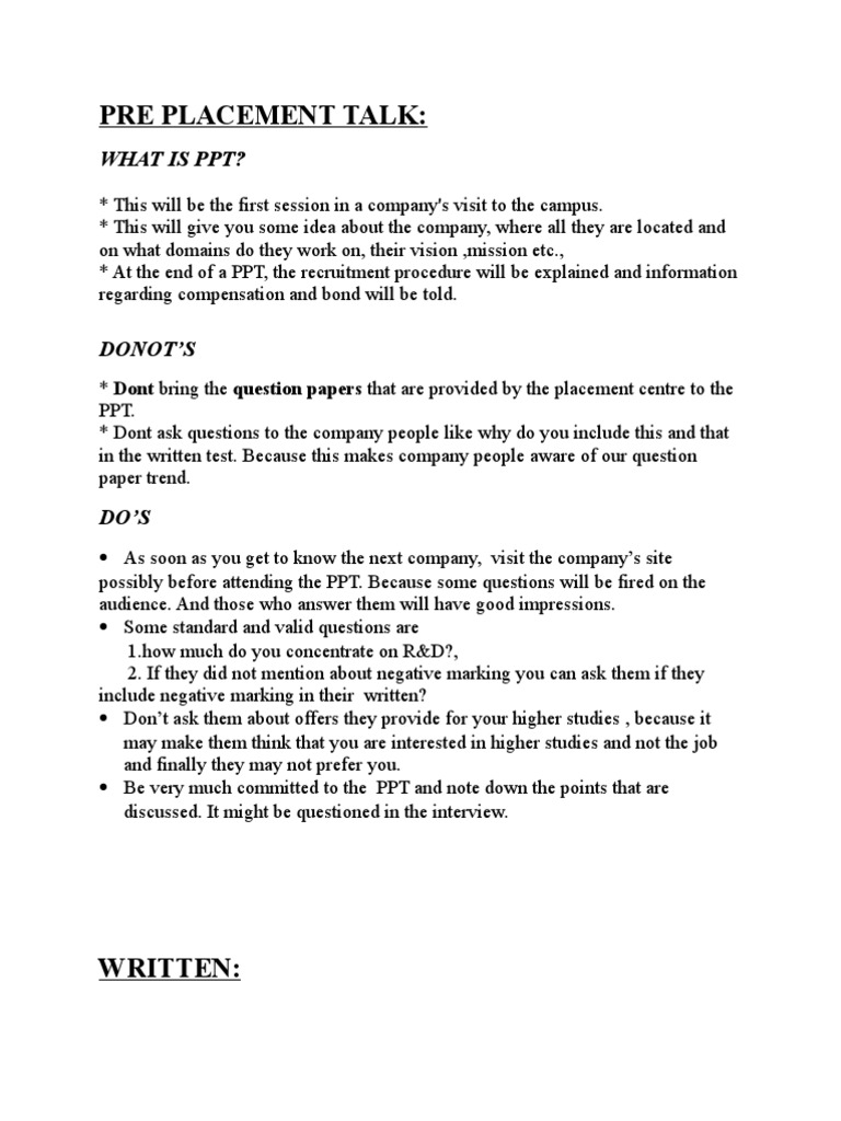 Pre Placement Talk:: What Is PPT? | PDF | Question | Interview