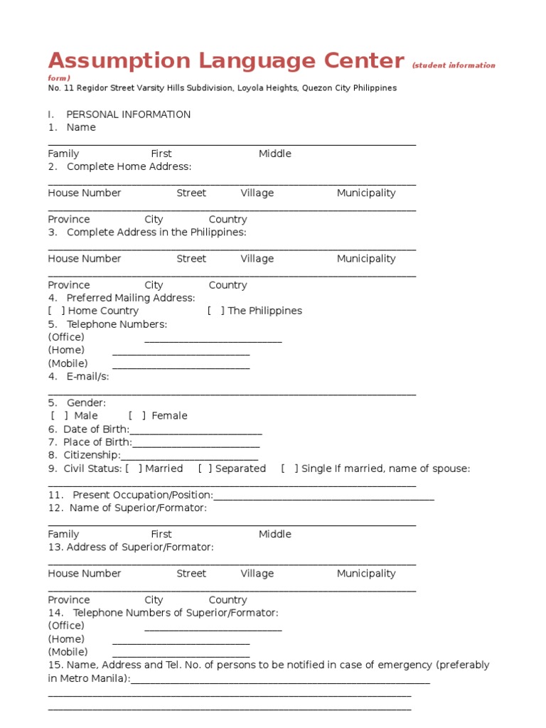 English Course Application Form