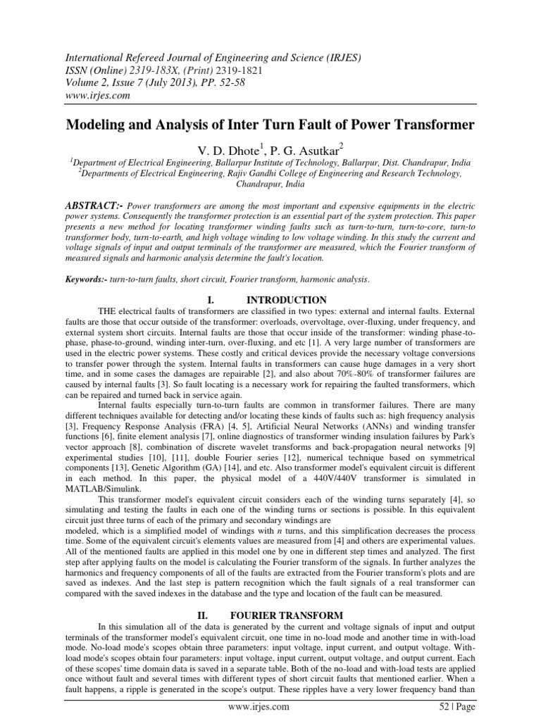 Modeling and Analysis of Inter Turn Fault of Power Transformer | PDF ...