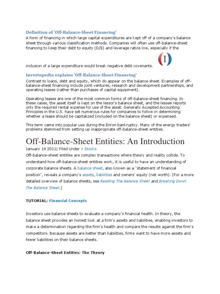 Definition Off Balance Sheet | PDF | Off Balance Sheet | Goodwill ...