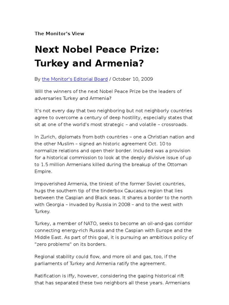 Turkey and Armenia: Nobel Peace Prospects | PDF | Armenia | Turkey