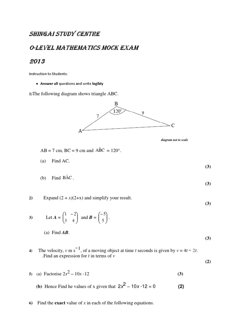 O-Level Maths Mock Exam 2013 | PDF