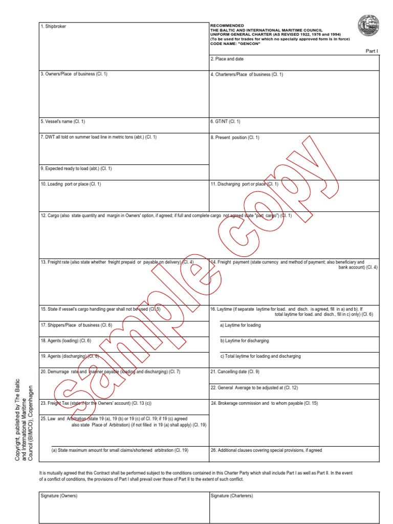 Sample Copy GENCON 94 | PDF | Arbitral Tribunal | Cargo