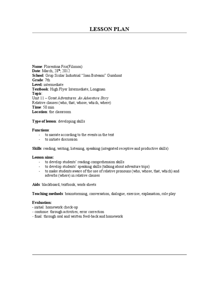 7th Grade Adventure Story Lesson Plan | PDF | Ellipsis | Sentence ...