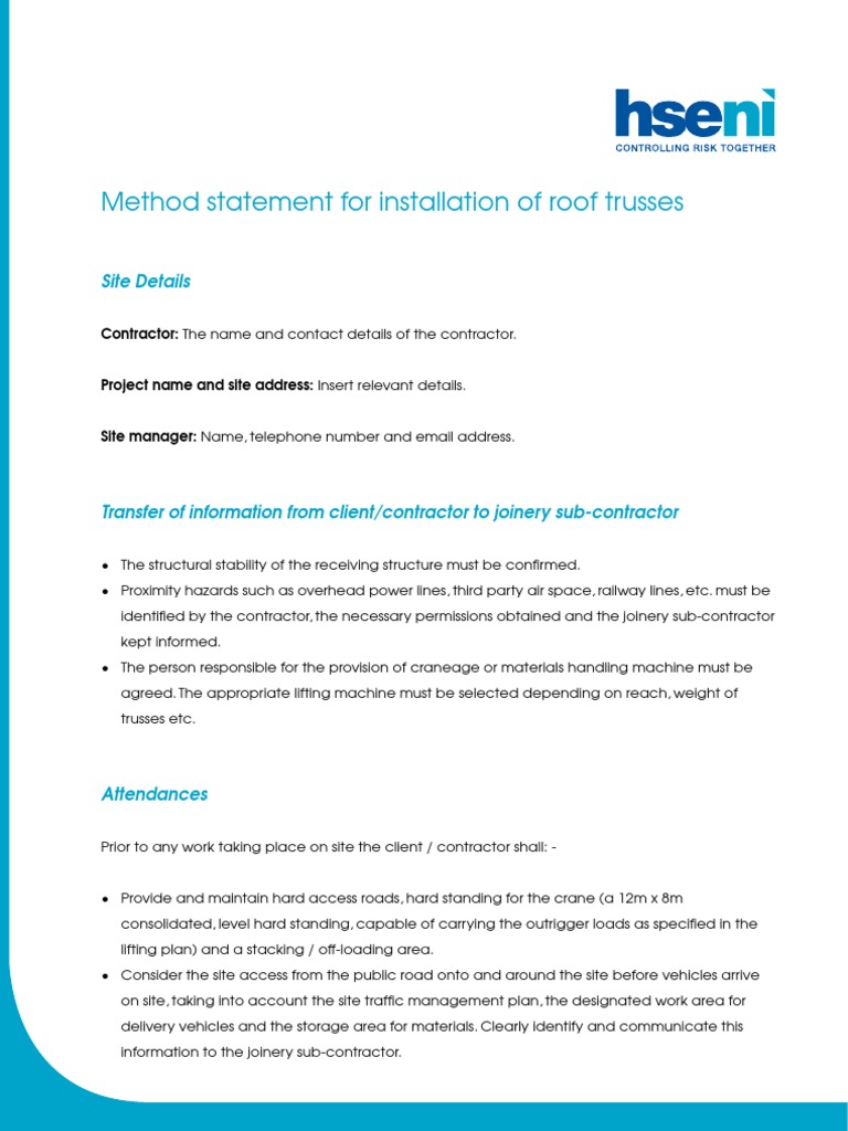 Example Method Statement For The Installation of Roof Trusses | PDF ...