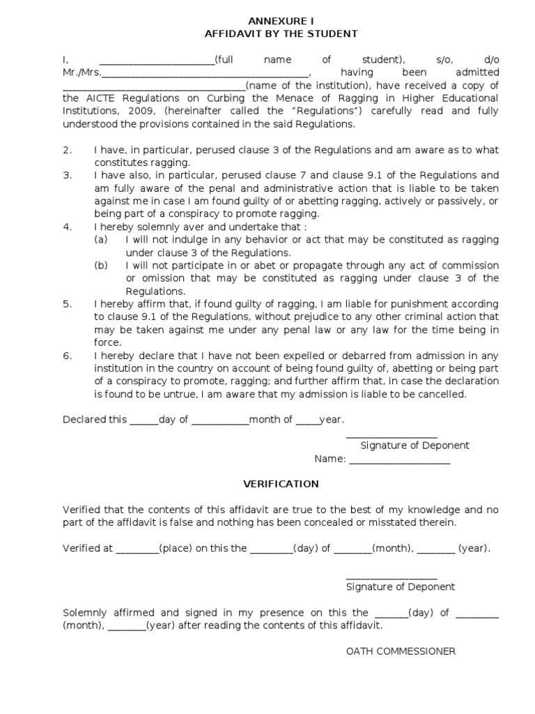 Student and Parent Affidavits Regarding Anti-Ragging Regulations | PDF ...
