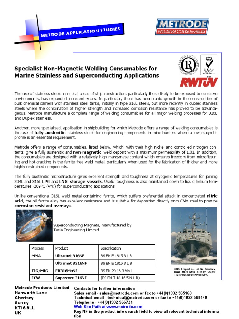 METRODE Non-Magnetic Welding Consumables 316NF | PDF | Stainless Steel ...
