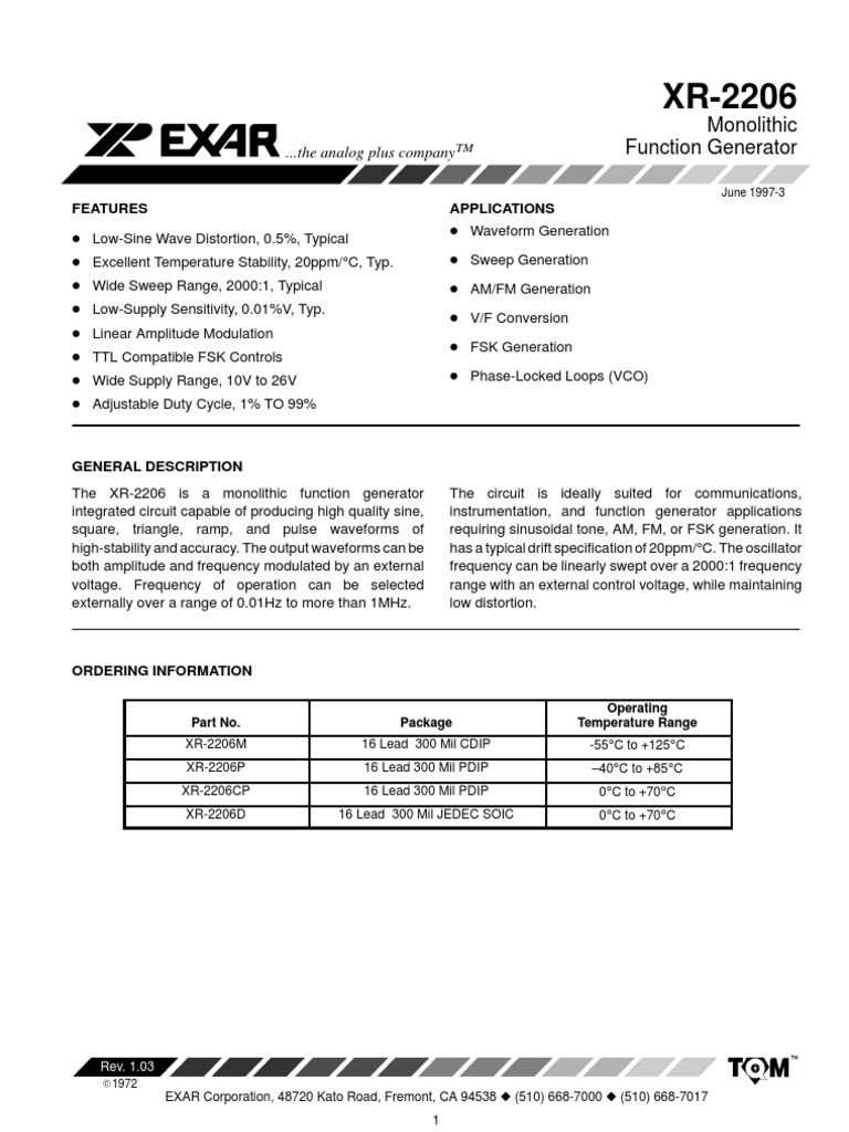 XR2206 - Monolithic Function Generator | PDF | Electronic Circuits ...