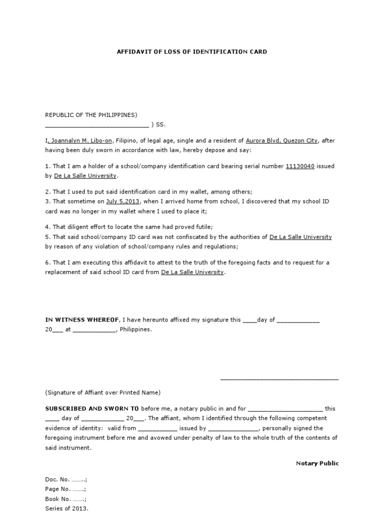 Affidavit of Loss of Identification Card | PDF