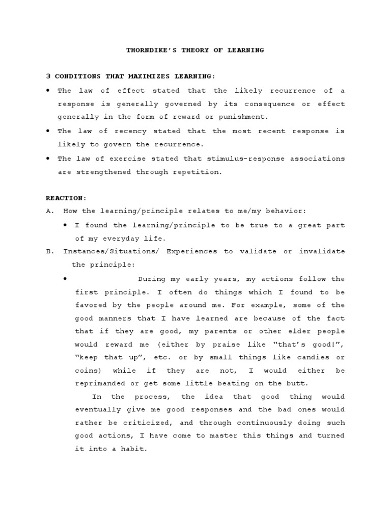 Thorndike's Learning Principles Explained | PDF | Learning | Psychology