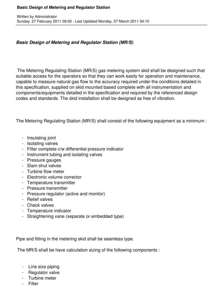 Basic Design of Metering and Regulator Station | PDF | Valve | Flow ...