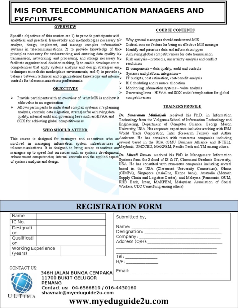 Mis For Telecommunication Managers and Executives: Registration Form ...