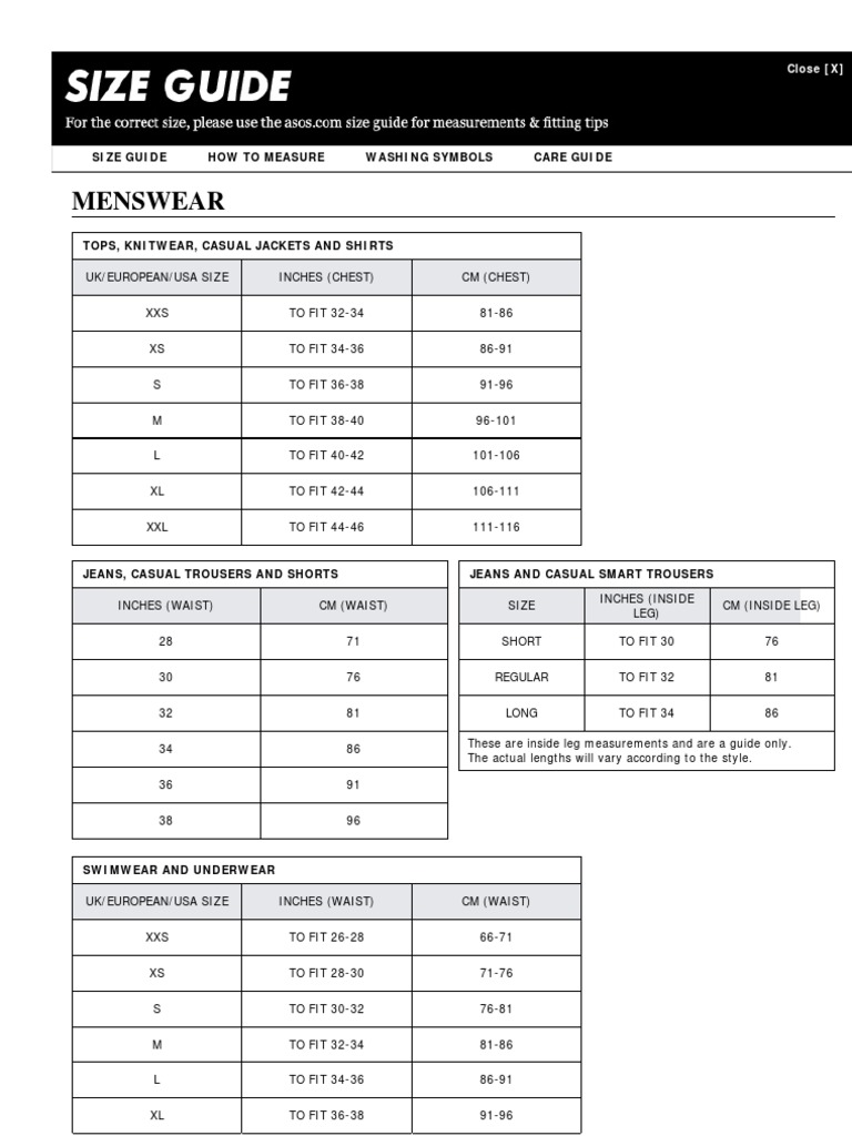 Menswear Size Guide | PDF | Laundry | Suit (Clothing)