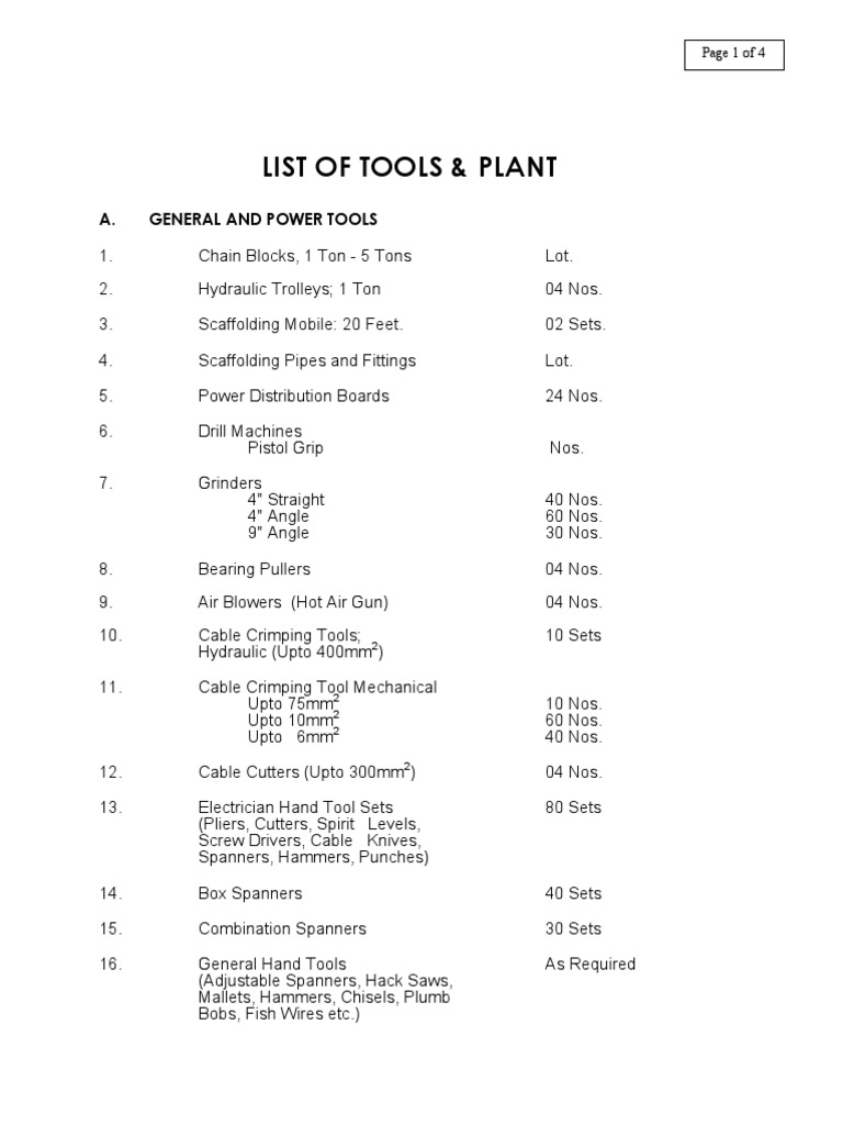 List of Tools & Plant: A. General and Power Tools | PDF