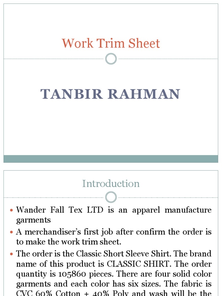 Work Trim Sheet for 105860 Pieces of Classic Short Sleeve Shirts with ...
