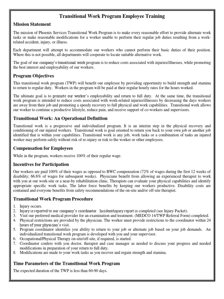 Employee Training Handout Transitional Work | PDF | Physical Therapy ...