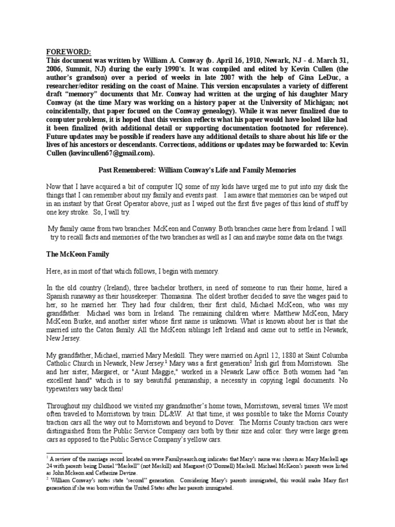 William Conway's Family Memories | PDF | New Jersey | Newark