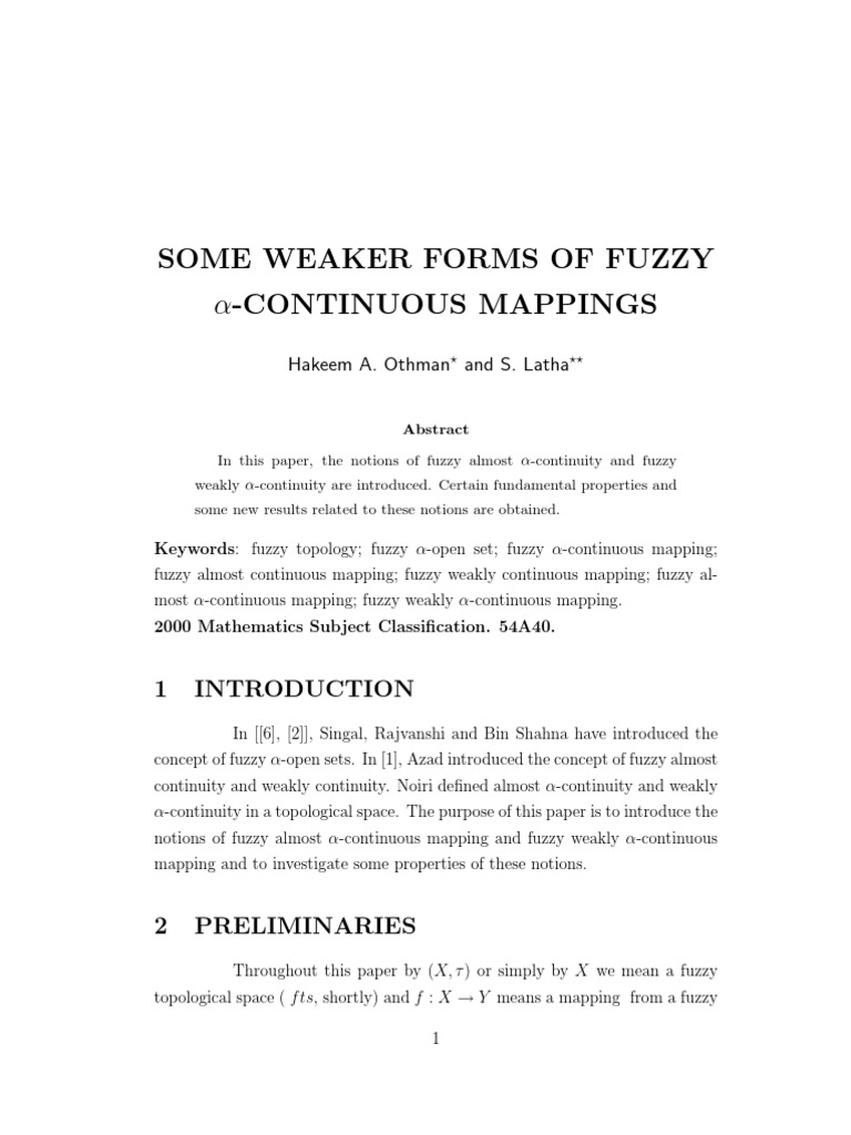 Somw Weaker Forms Fuzzy Alpha Continuous Mapping Pdf Continuous