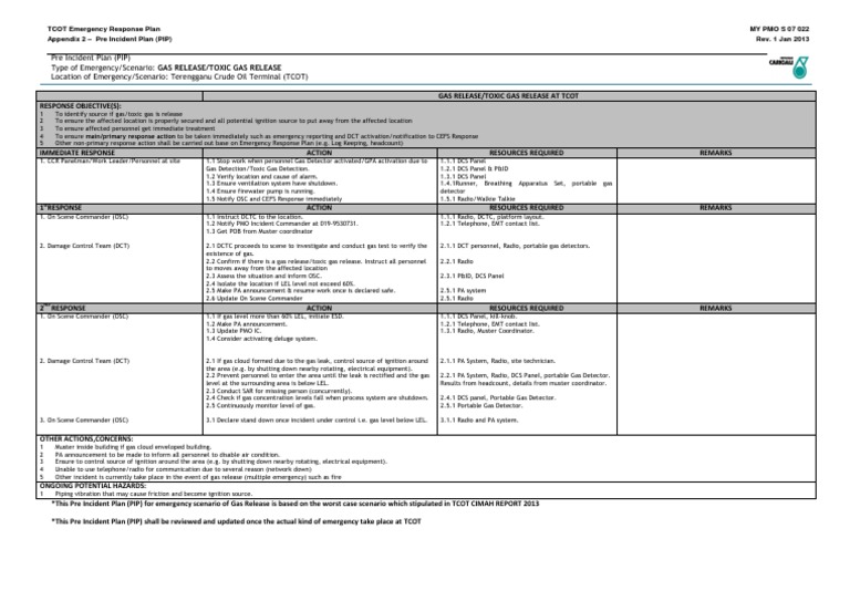 Pre Incident Plan Toxic Gas Release at TCOT | PDF | Safety | Disaster ...