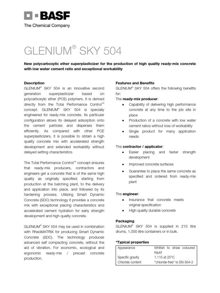 TDS - Glenium Sky 504 | PDF | Concrete | Manmade Materials