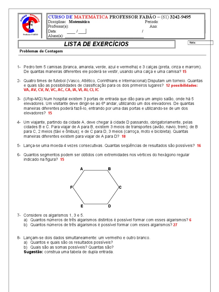 Lista de exercícios sobre problemas de contagem e possibilidades | PDF