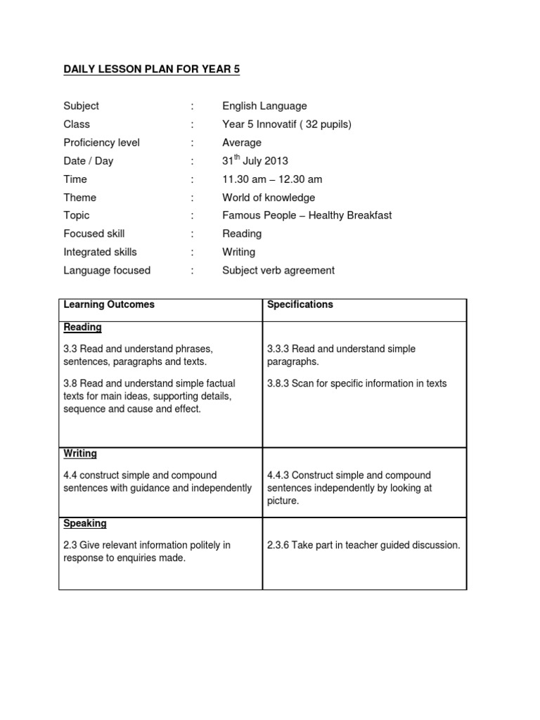 Lesson Plan Year 5 English | PDF | Lesson Plan | Reading Comprehension