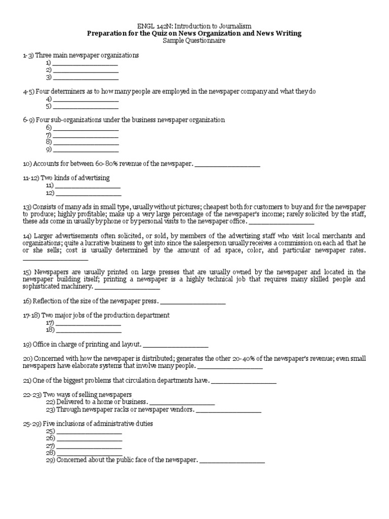 Sample Questionnaire For Journalism Class | PDF | Newspapers | Copy Editing