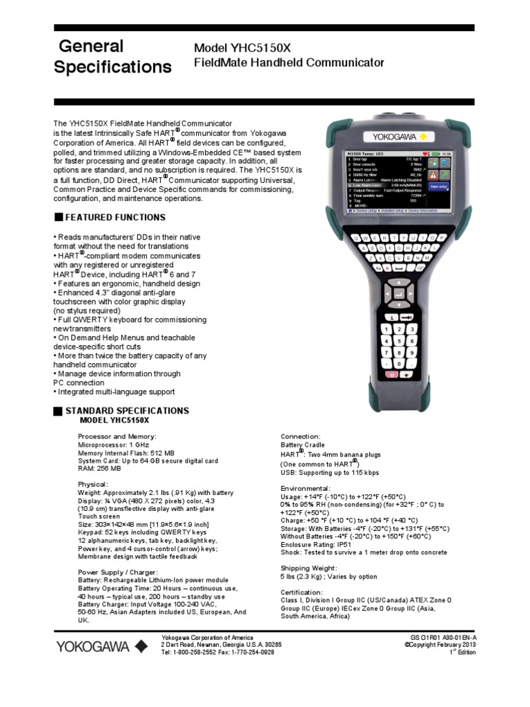 General Specifications: Model Yhc5150X Fieldmate Handheld Communicator ...