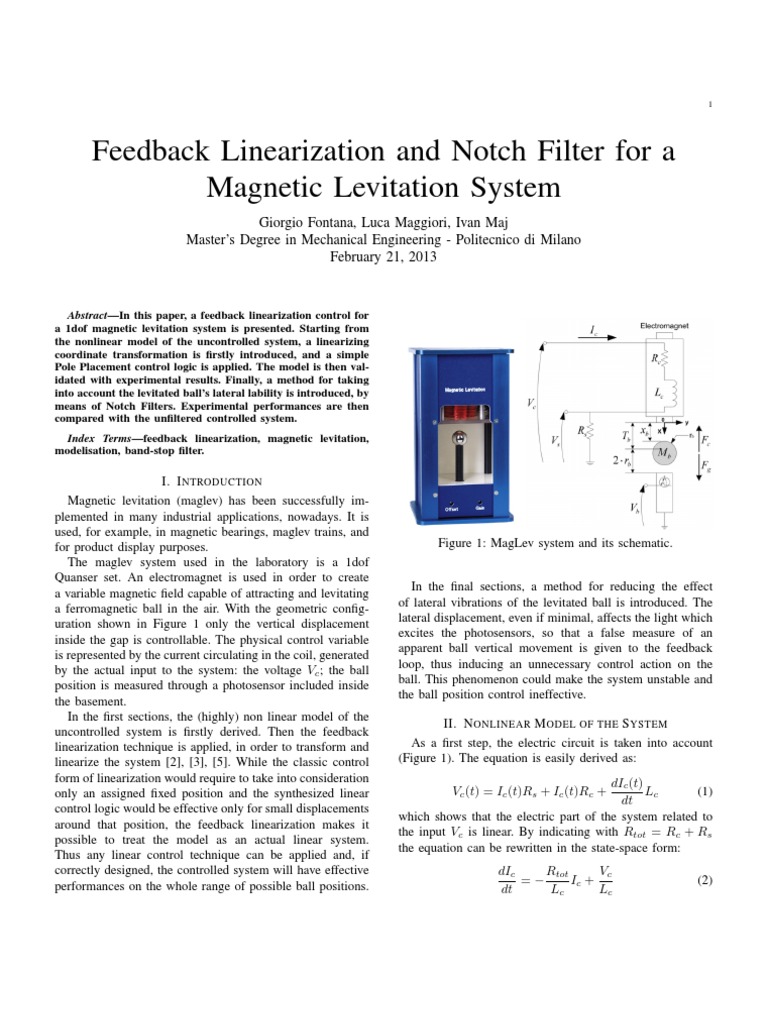 Feedback Linearization and Notch Filter For A Magnetic Levitation ...