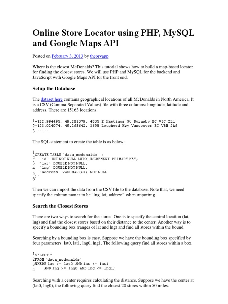 Online Store Locator Using PHP, MySQL and Google Maps API | PDF | Comma Separated Values | Data ...