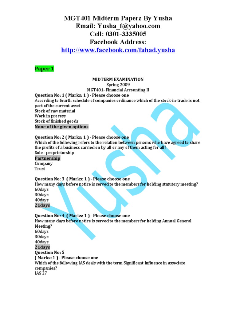 MGT401 Midterm Paperz by Yusha | PDF | Balance Sheet | International Financial Reporting Standards