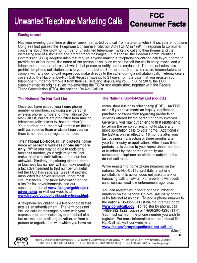 Background: The National Do-Not-Call List (Cont'd.) The National Do-Not ...