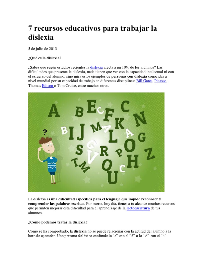 7 Recursos Educativos Para Trabajar La Dislexia | Dislexia ...