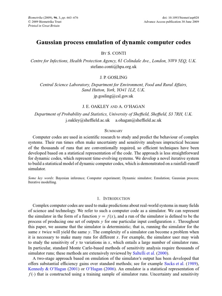 Gaussian Process Emulation of Dynamic Computer Codes (Conti, Gosling Et Al) | PDF | Computer ...