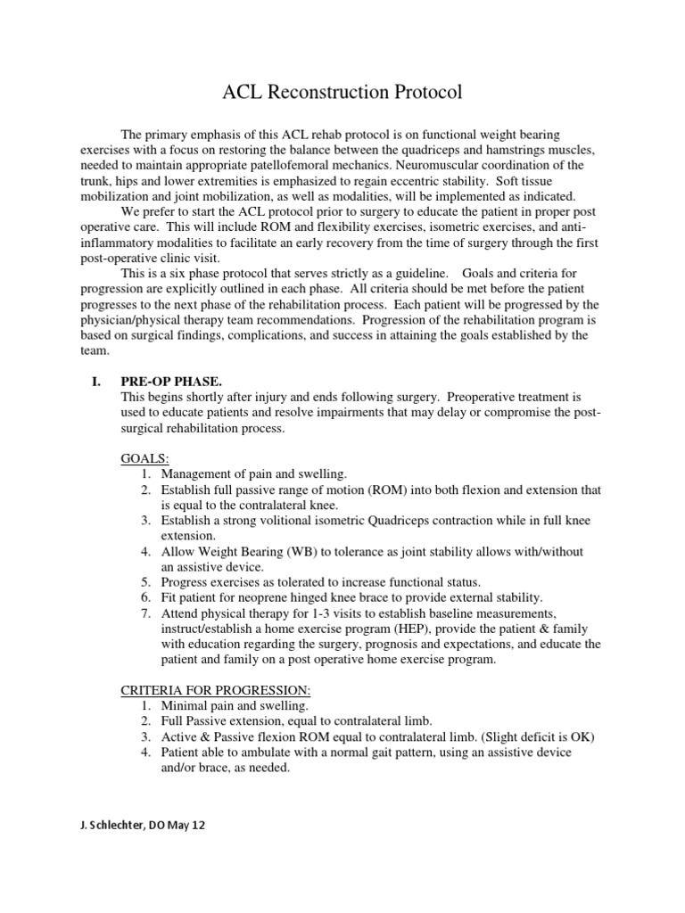Acl Reconstruction Protocol | PDF | Balance (Ability) | Knee
