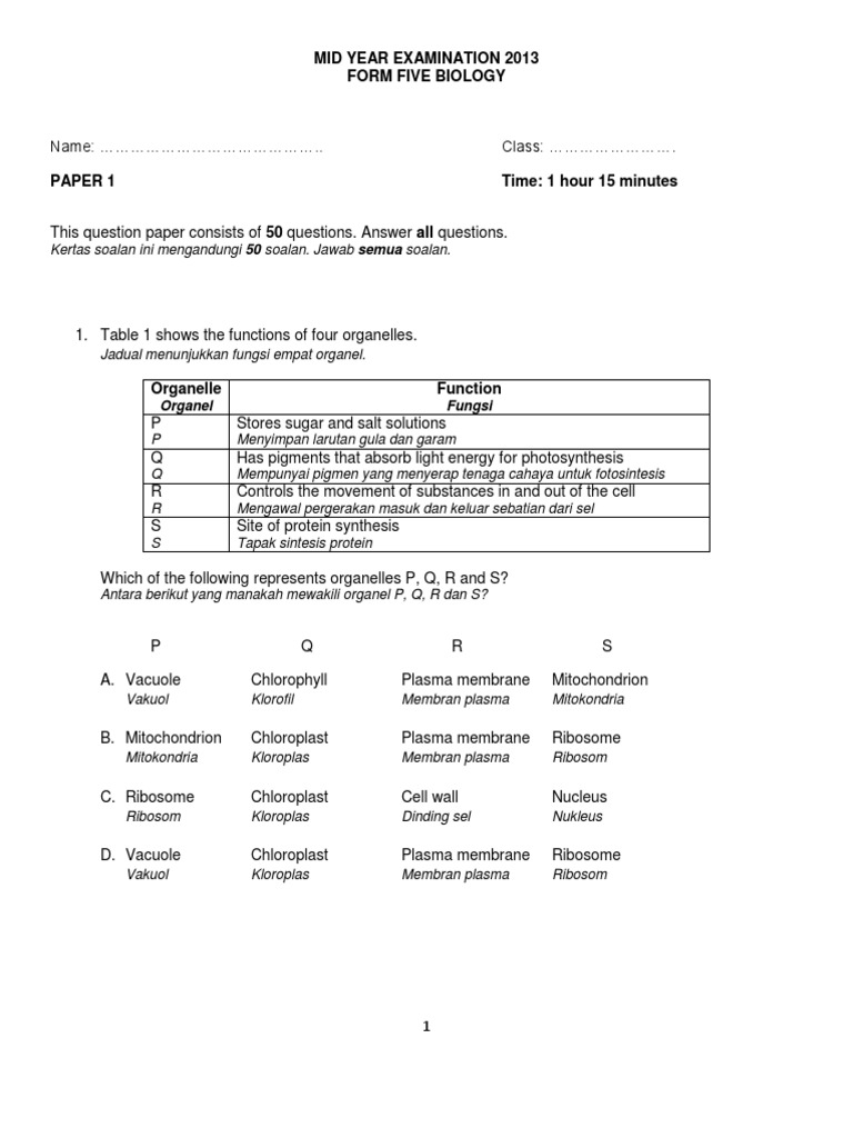 BIOLOGY Form 5 Mid Year Exam | PDF