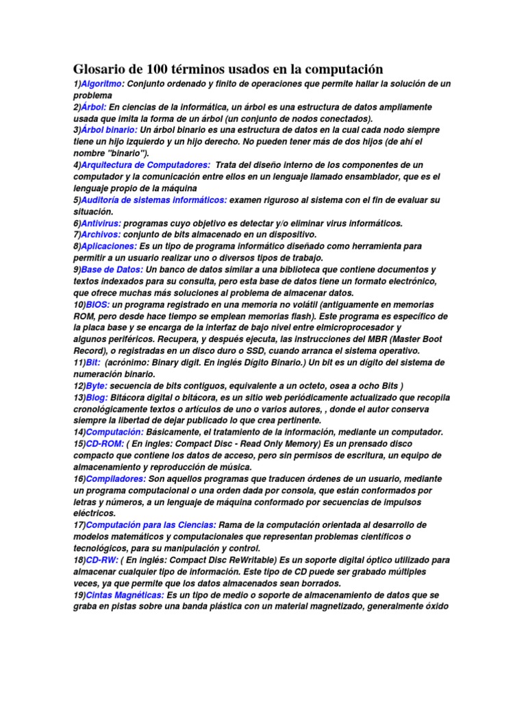 Glosario de 100 Términos Usados en La Computación | Memoria del ...