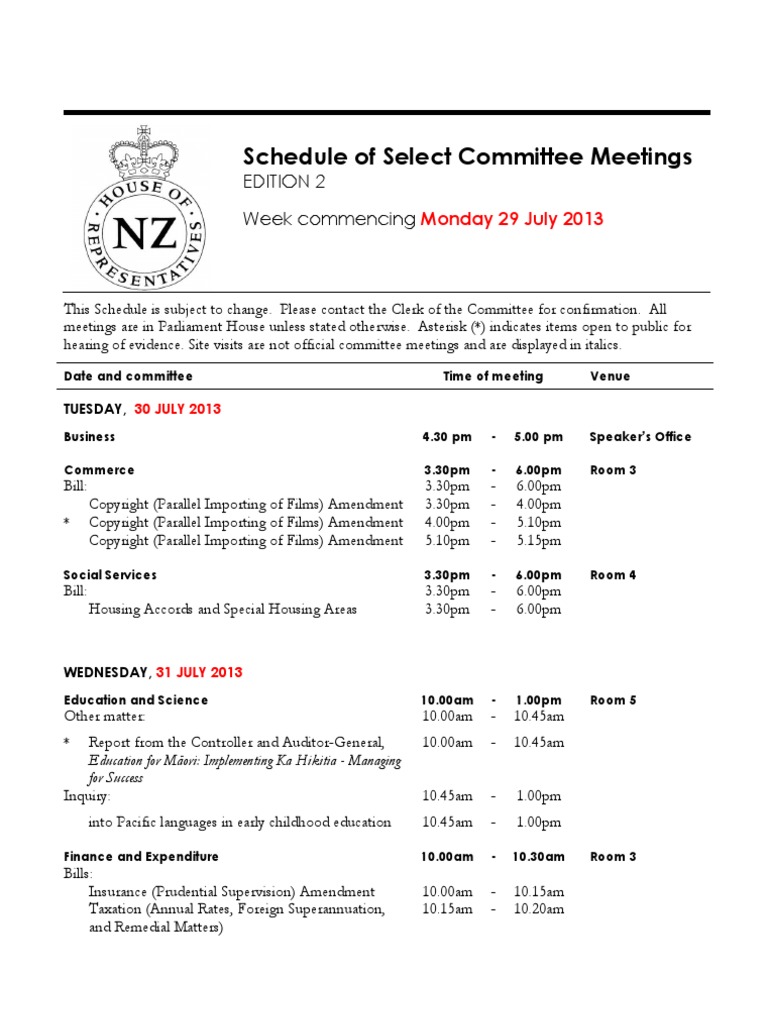 Schedule of Select Committee Meetings: Edition 2 Week Commencing | PDF ...