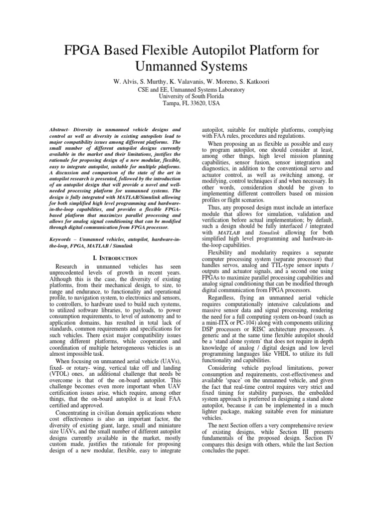 FPGA Based Flexible Autopilot Platform For Unmanned Systems: W. Alvis ...