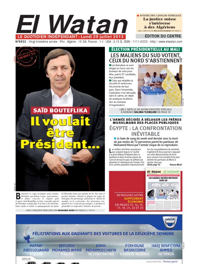 El Watan Du 29.07.2013 PDF | PDF | Abdelaziz Bouteflika | Politique ...
