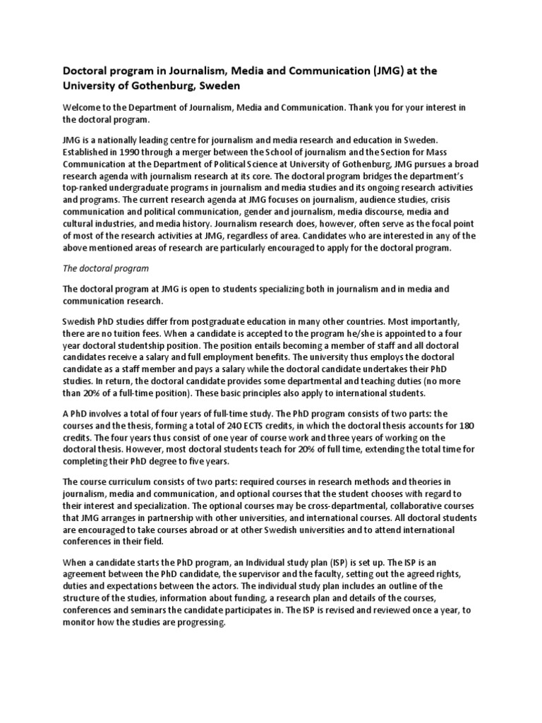 Journalism PhD Program at Gothenburg | PDF | Thesis | Doctor Of Philosophy