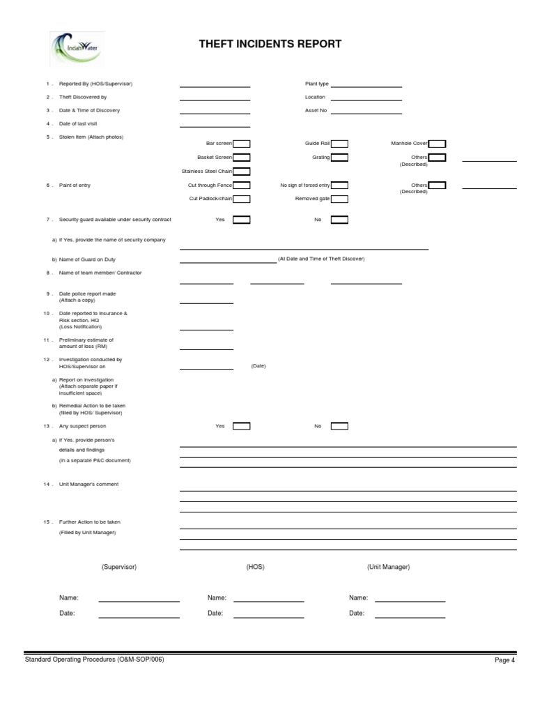 Theft Incidents Report (Tir) | PDF | Business | Violence