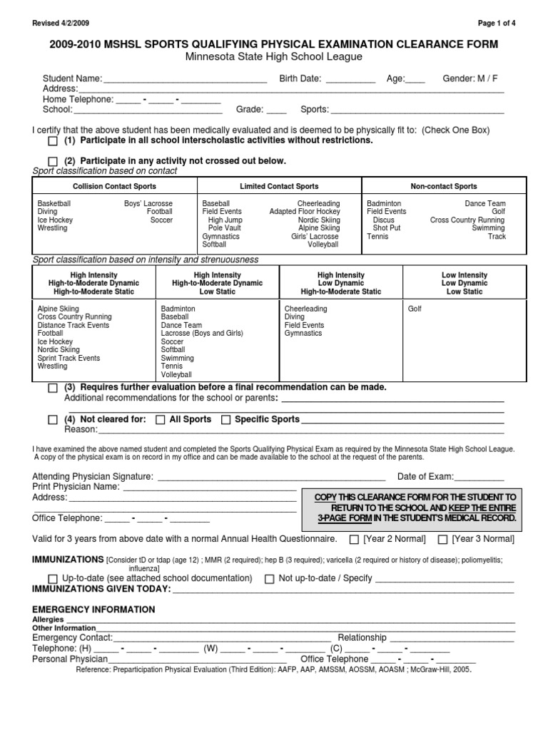 2009-2010 MSHSL Sports Qualifying Physical Examination Clearance Form ...