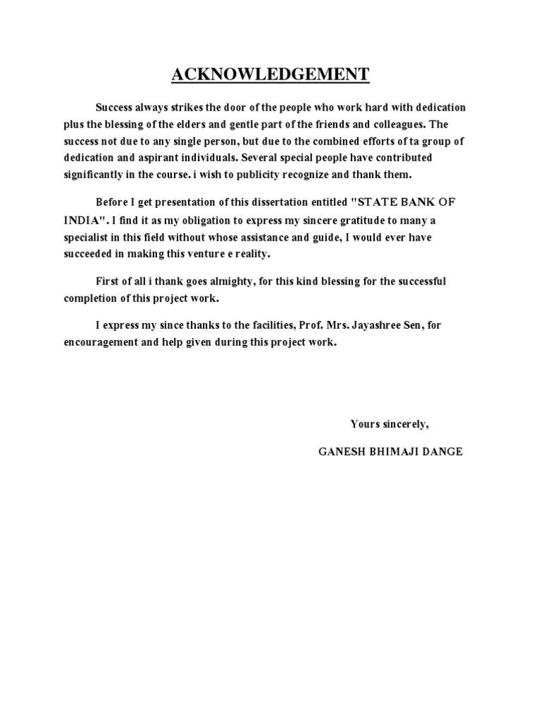 Acknowledgement: "State Bank of India" | PDF | Economy Of India ...