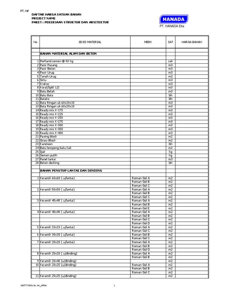 Daftar Harga Material Konstruksi Hanada | PDF | Griya & Taman